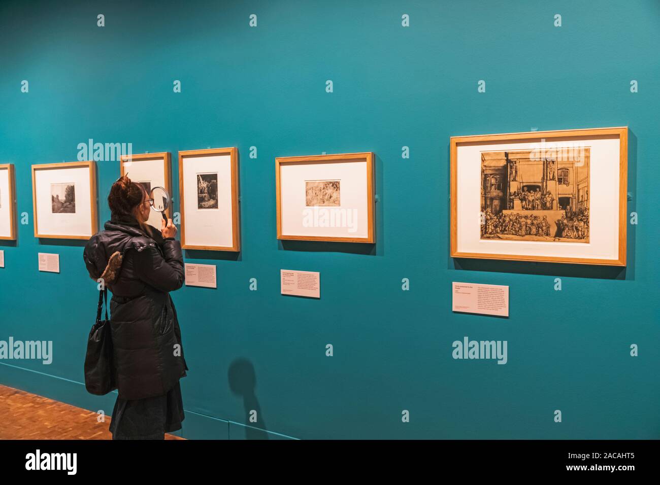 England, Somerset, Bath, The Holbourne Museum, Visitor Using Magnifying ...