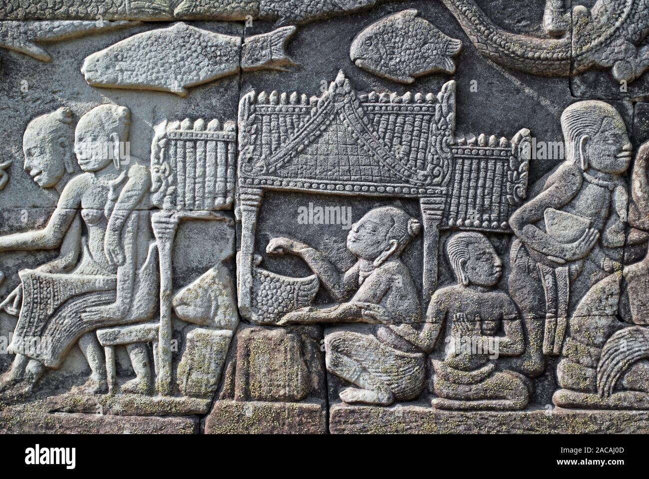 Reliefs on the Bayon temple in Angkor Wat, Cambodia, Asia Stock Photo ...