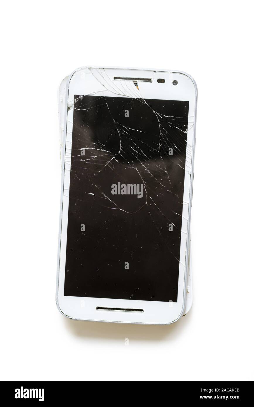 Old phone with broken screen isolated on white background Stock Photo ...