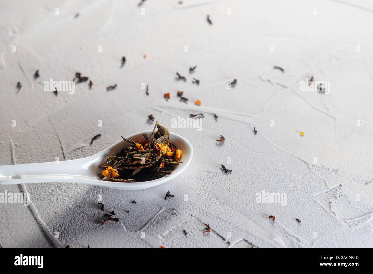 Green tea with fruit additives, dry tea leaf. making of tasty and ...