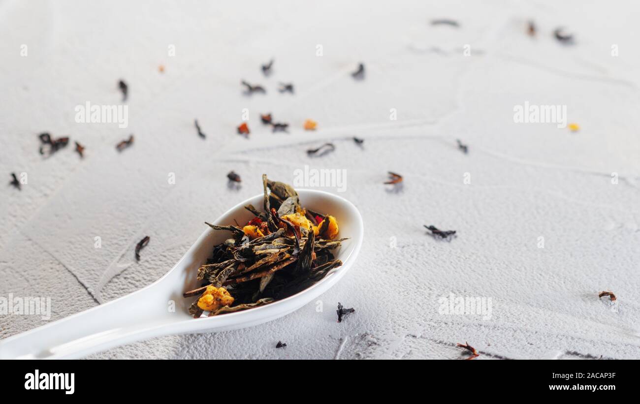 Green tea with fruit additives, dry tea leaf. making of tasty and ...