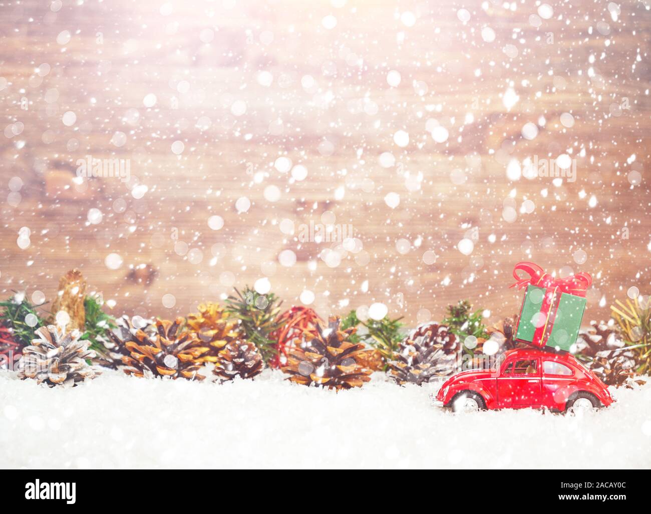 Christmas background with decorations, car, gifts and snowfall Stock ...