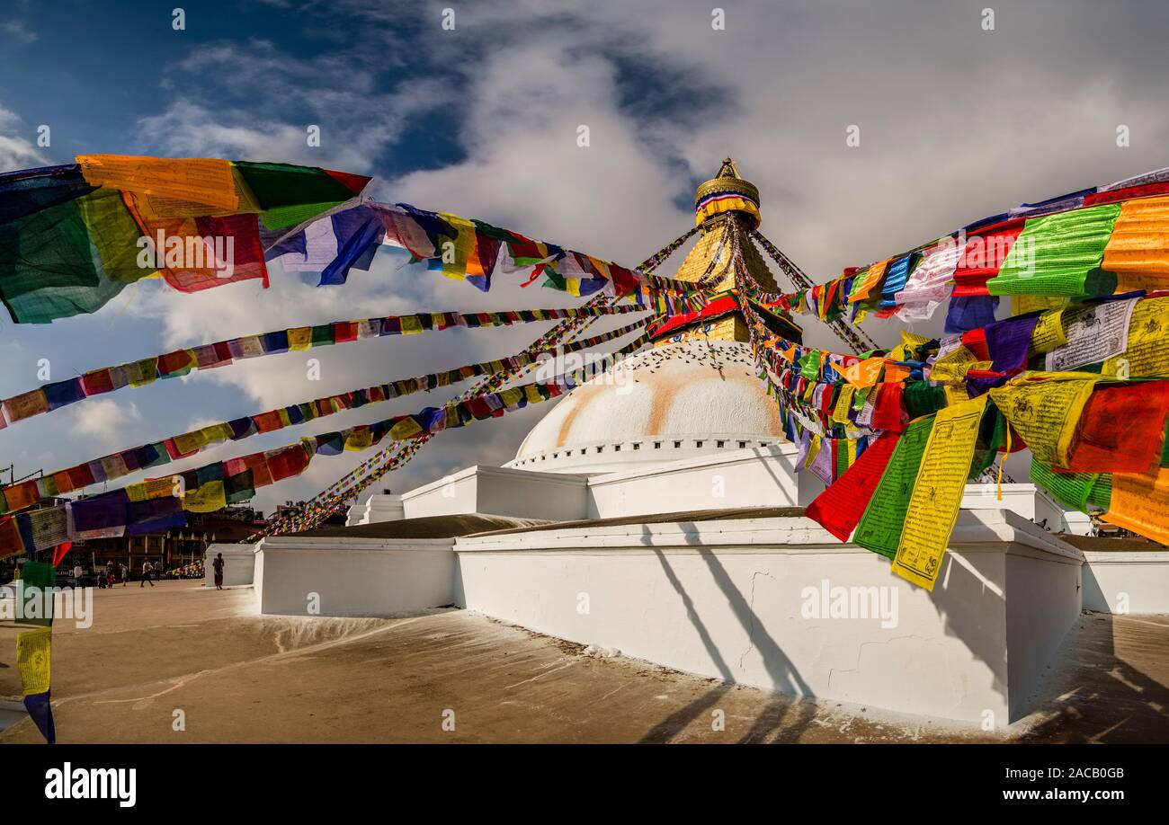 Panoramic view of the Boudha Stupa in the suburb Boudhanath, decorated ...