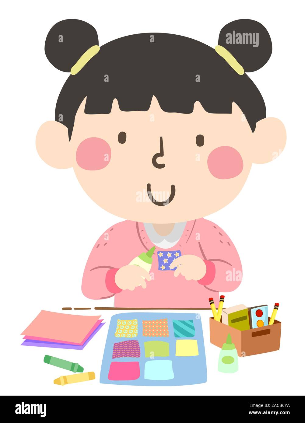 Illustration of a Kid Girl Making Paper Quilt with Scrap Paper, Glue ...