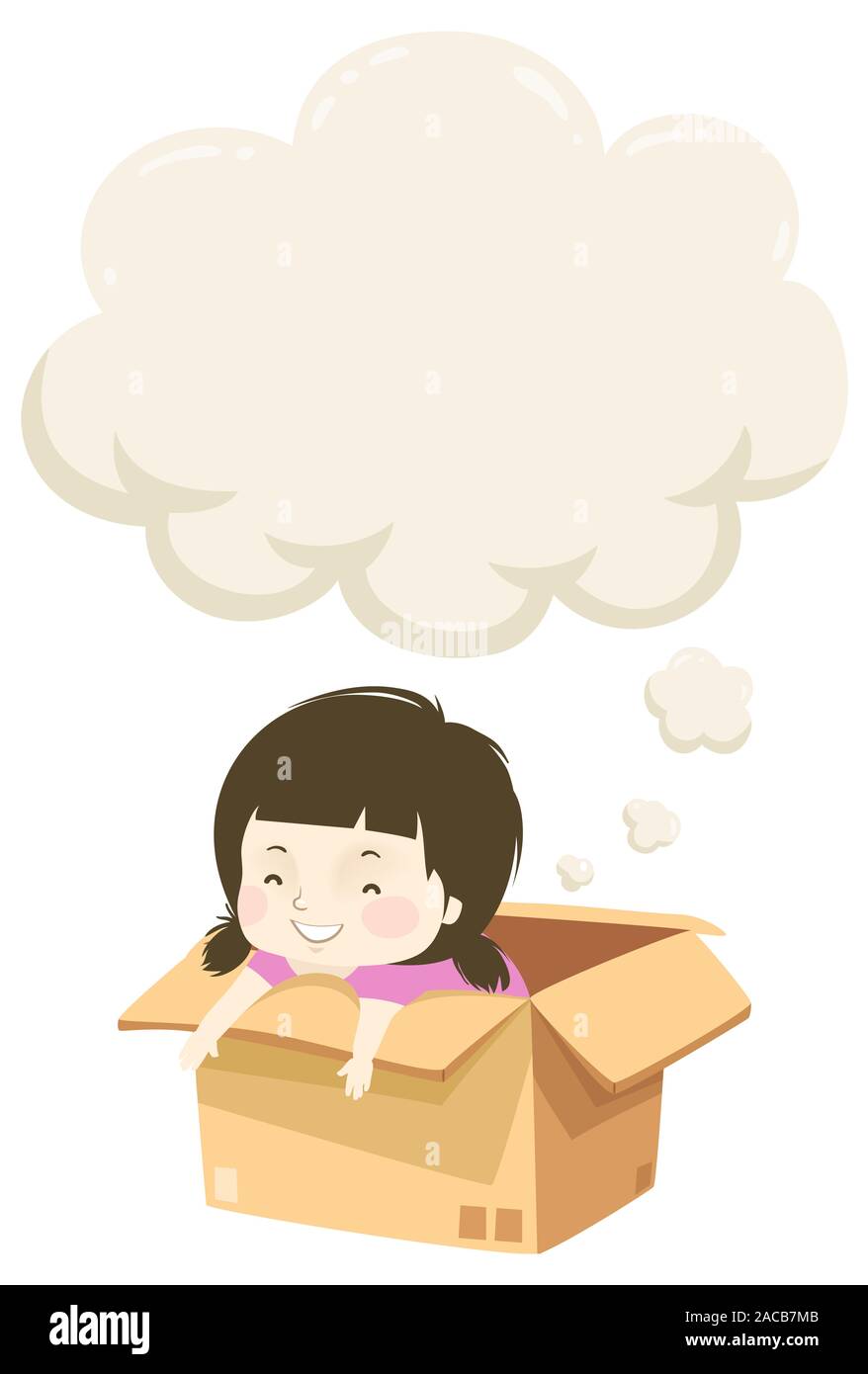 Illustration of a Kid Girl Smiling and Thinking from Inside a Cardboard ...