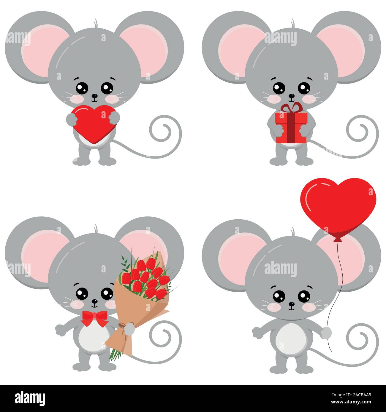 Cute lovely mouse set isolated on white background - with red heart ...