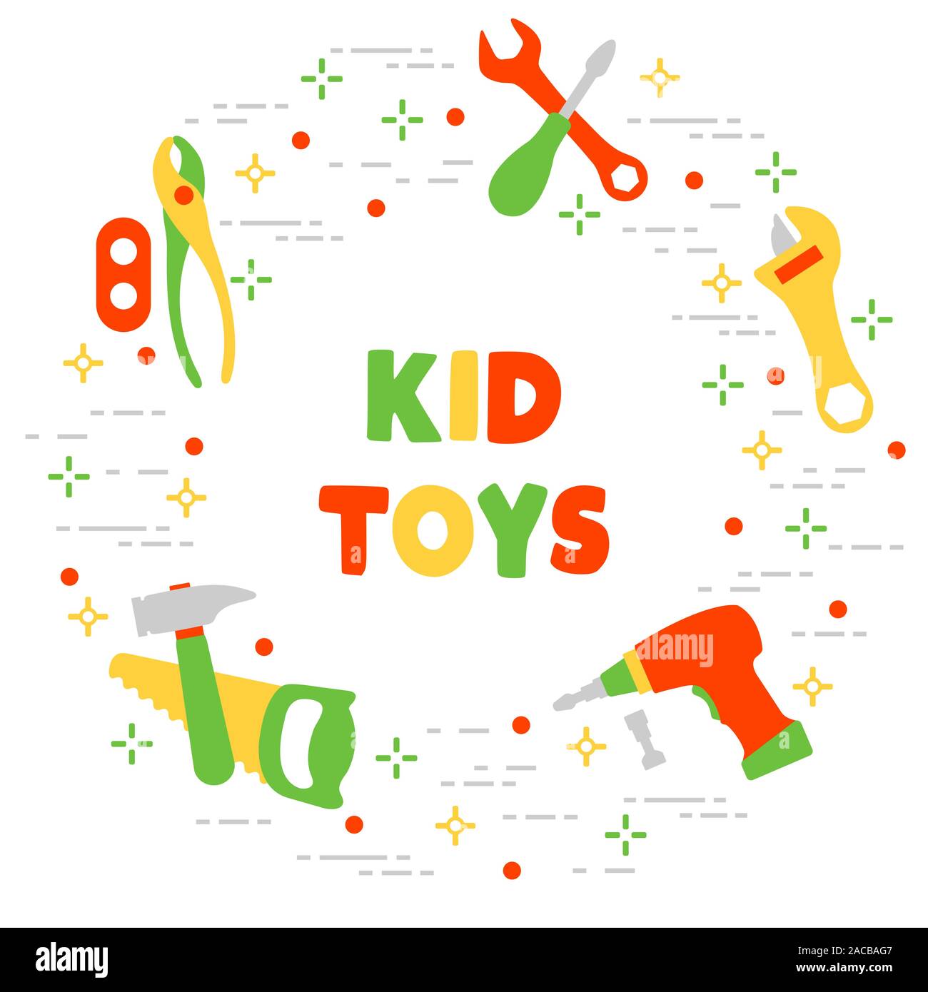 Vector illustration with kid toys. Toy tools. Saw, hammer, screwdrivers ...
