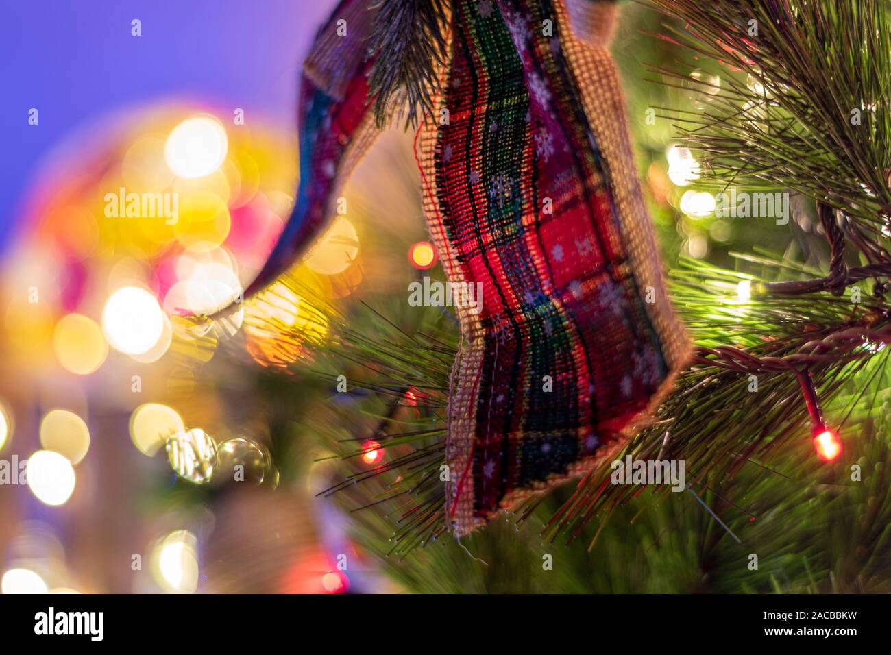 Decorated Christmas tree and creche on a blurred background, and you ...