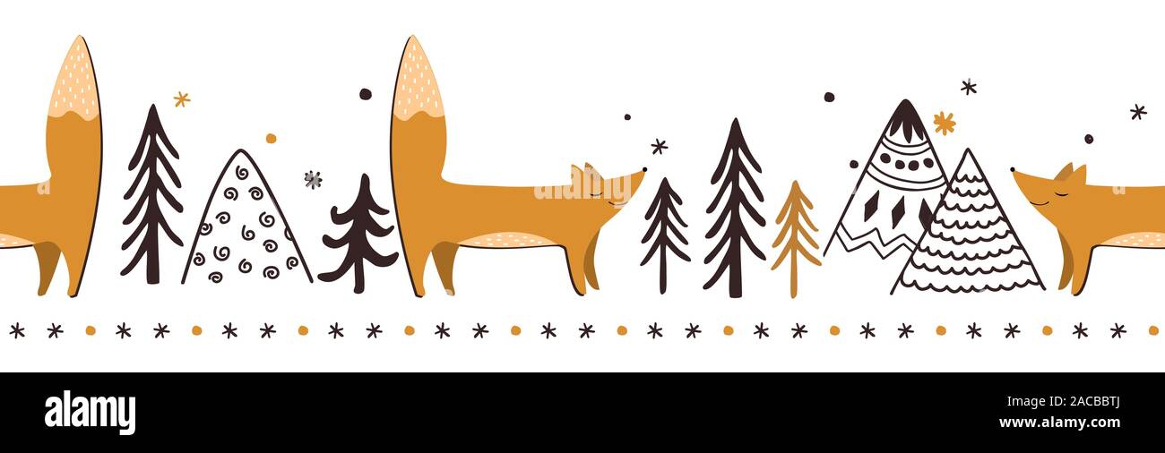 Doodle winter Red Fox Vector Seamless Horizontal Border. Trees, fox ...
