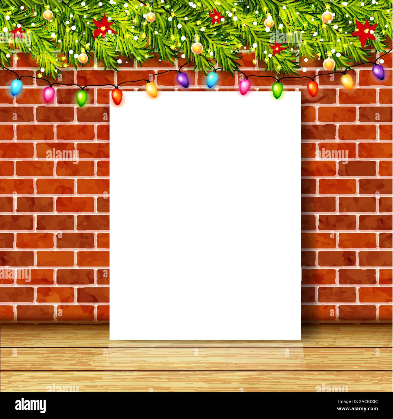 Greeting card with christmas tree branches, garlands and brick wall ...