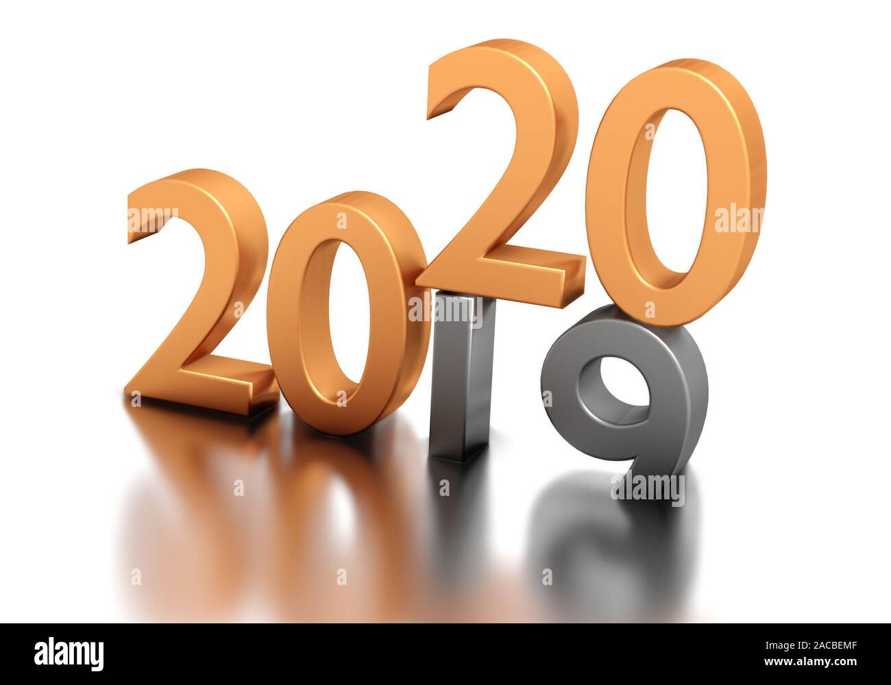 Numbers of New Year 2020 over grey old 19 with reflection. 3d render ...