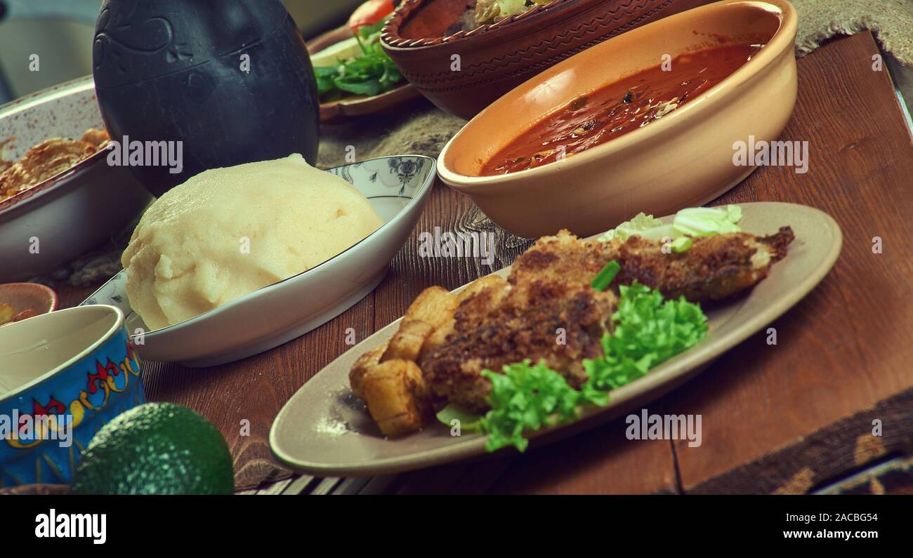 Congolese cuisine, Traditional assorted African dishes, Top view Stock ...