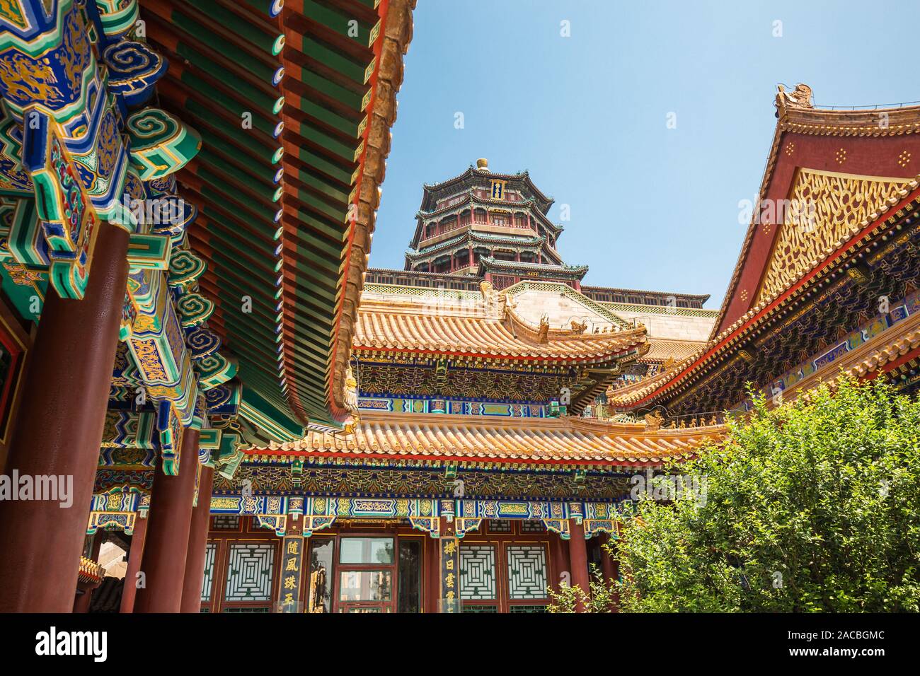 Traditional Chinese houses with columns. The facades of houses are ...