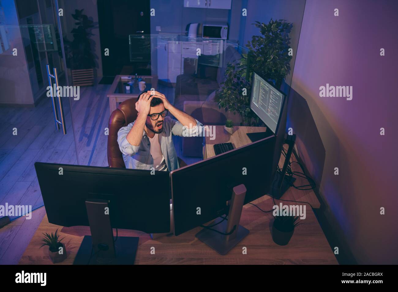 Oh no. Hign angle view photo of it specialist loser guy sitting chair ...