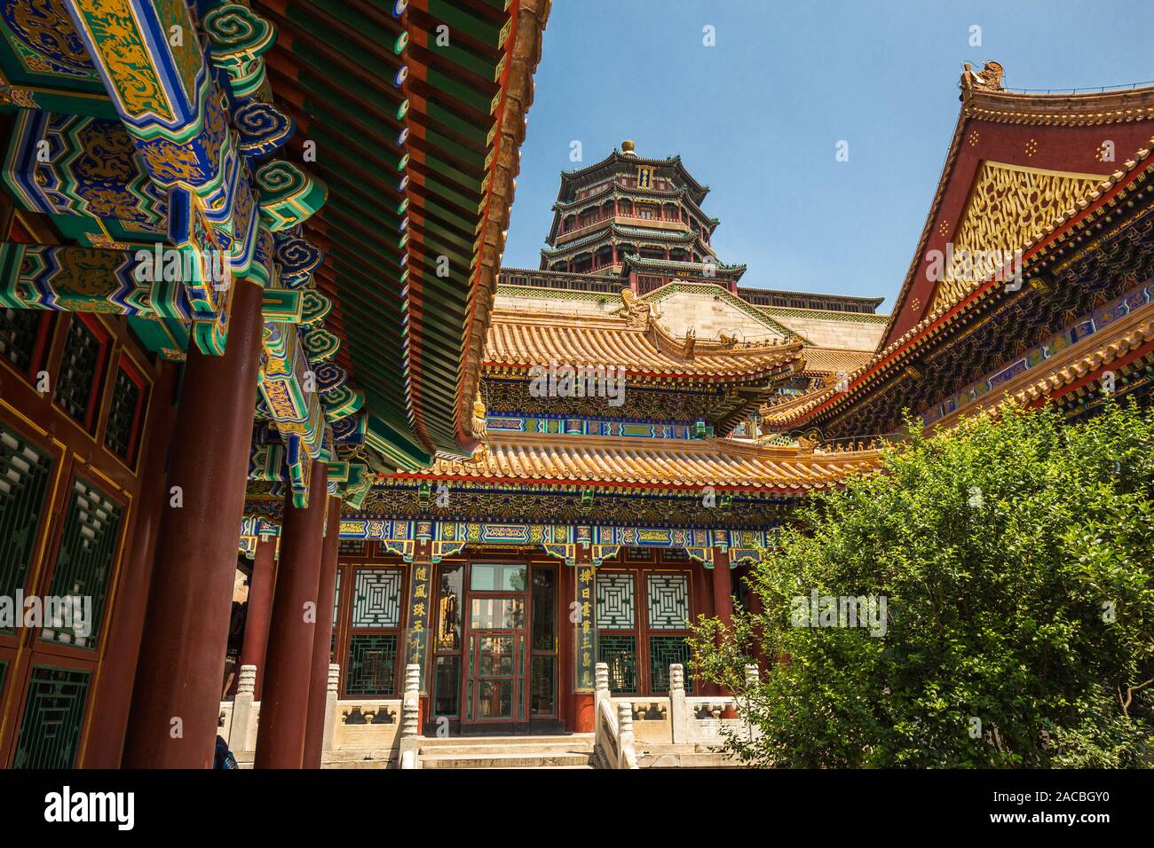 Traditional Chinese houses with columns. The facades of houses are ...