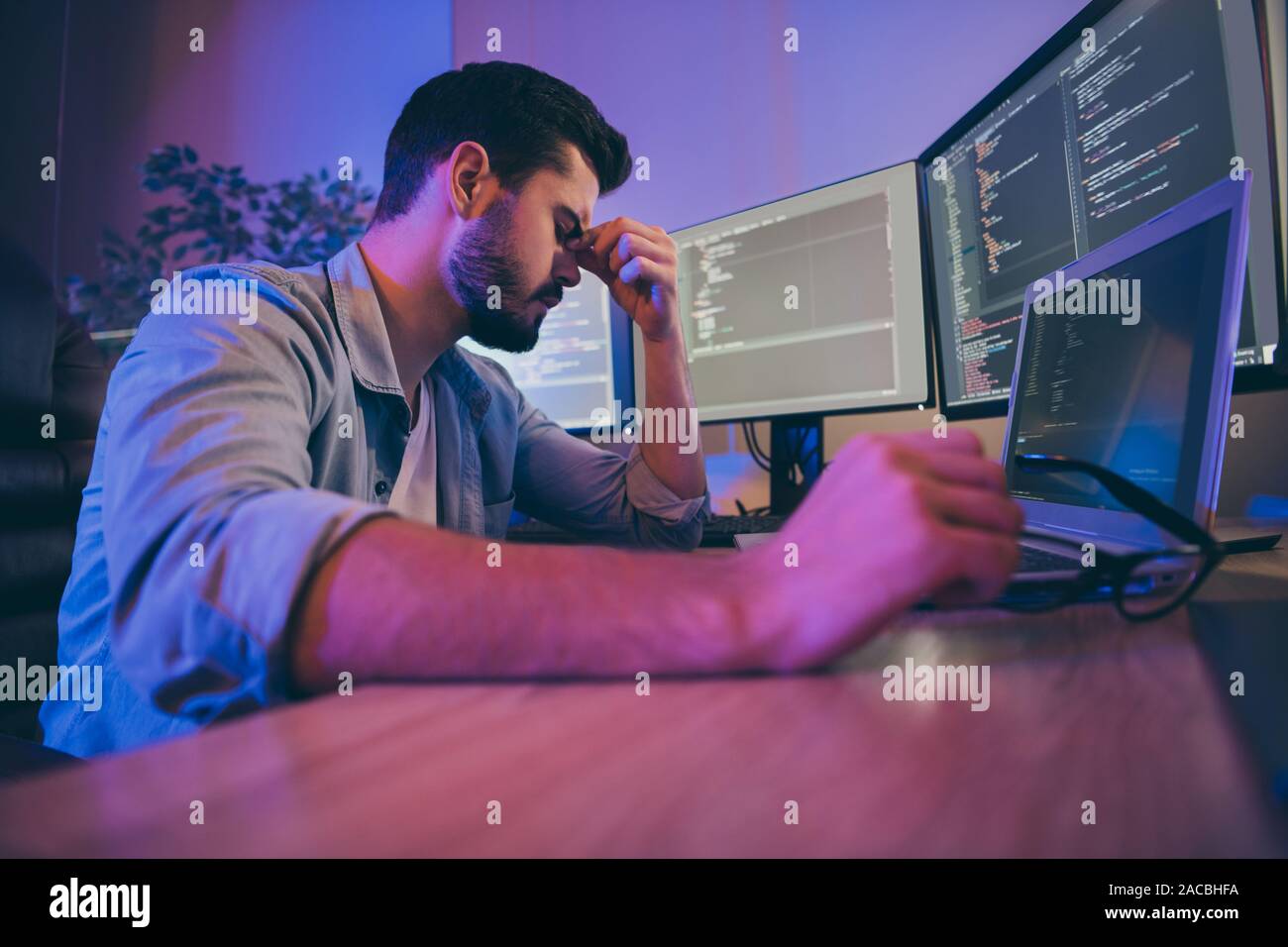 Profile side view portrait of his he nice attractive sad exhausted ...