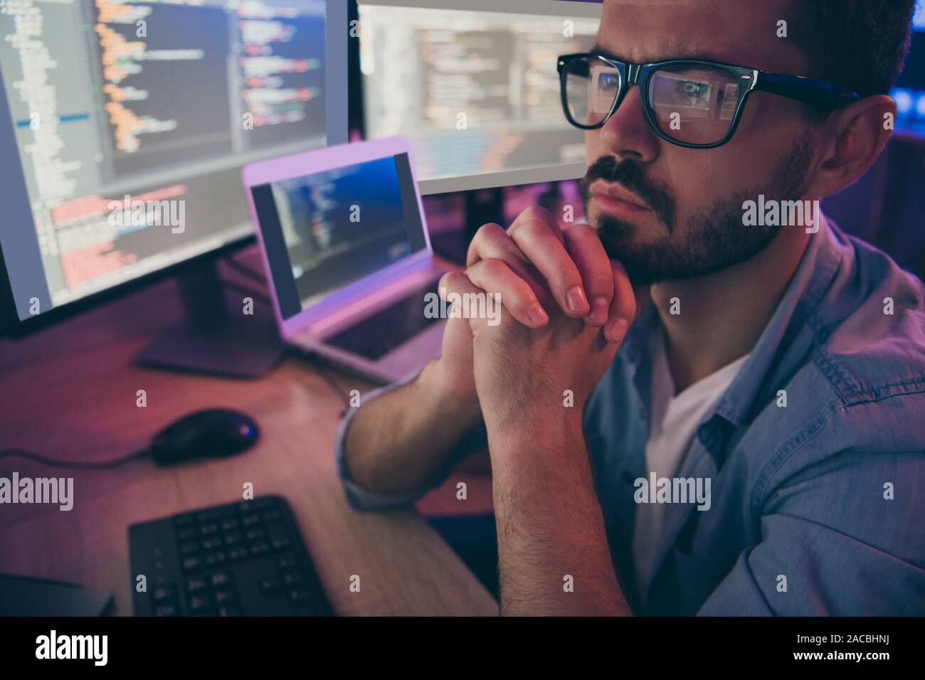 Close-up cropped view portrait of his he nice attractive skilled ...