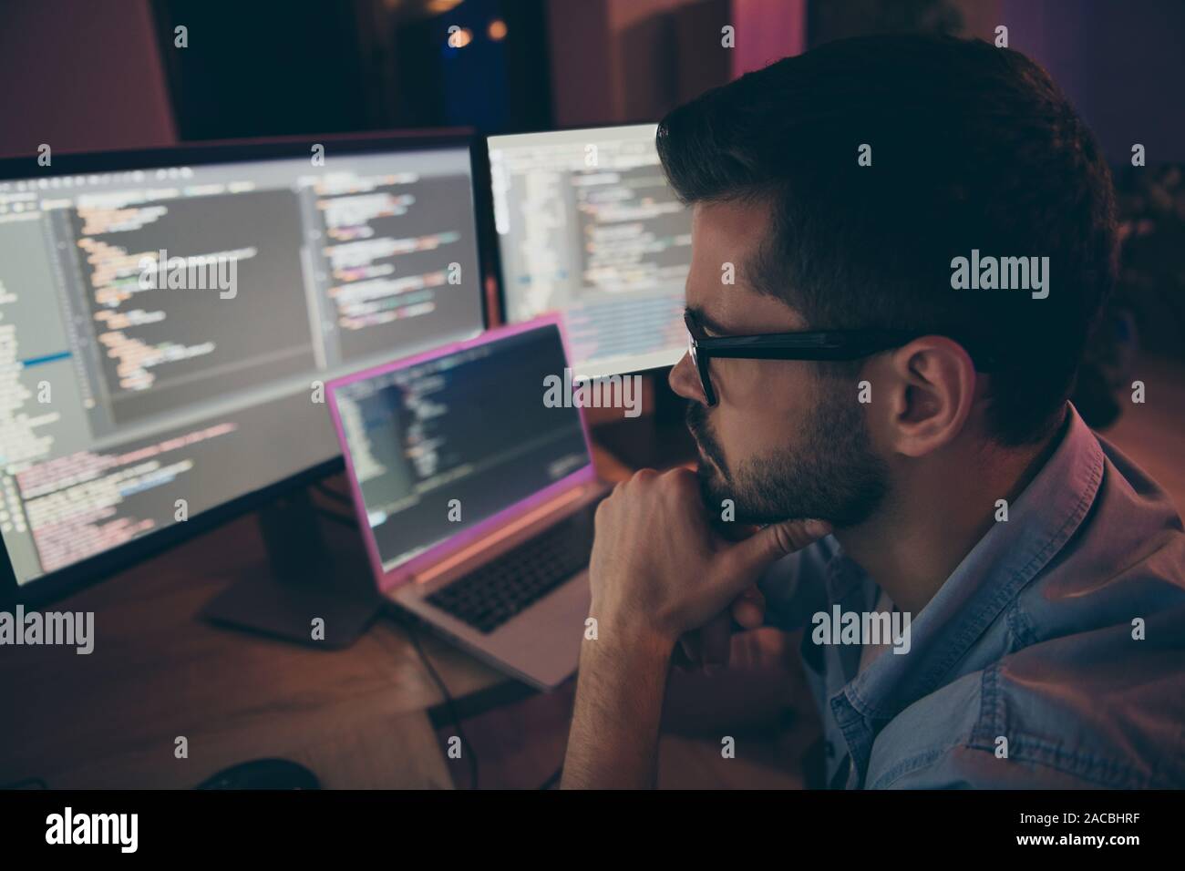 Close-up profile side view portrait of his he nice attractive skilled ...