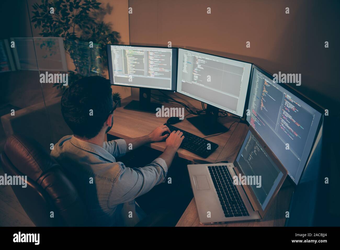 Top above high angle view photo of system administrator writing code ...