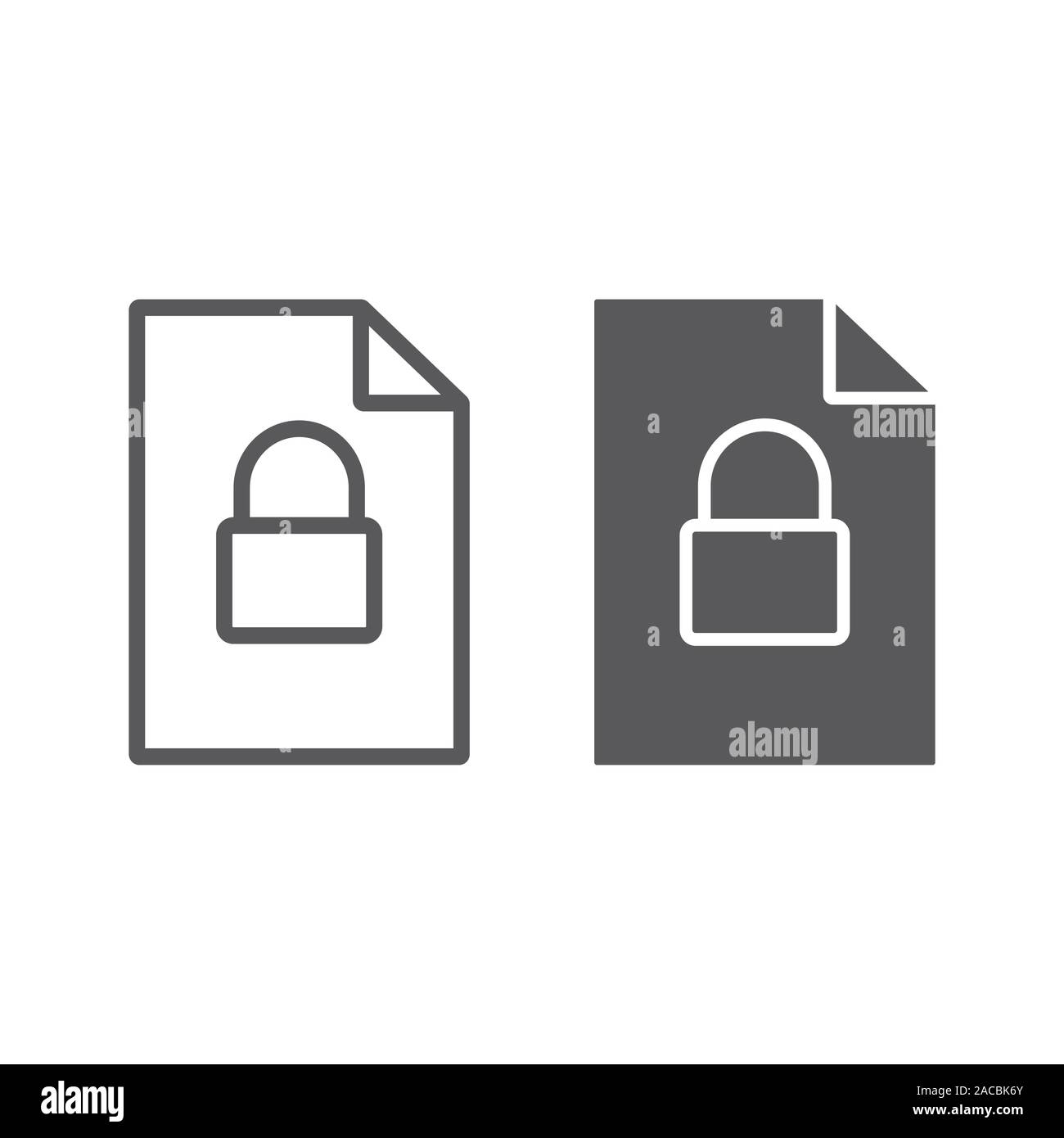 Locked file line and glyph icon, document and computer, file with ...