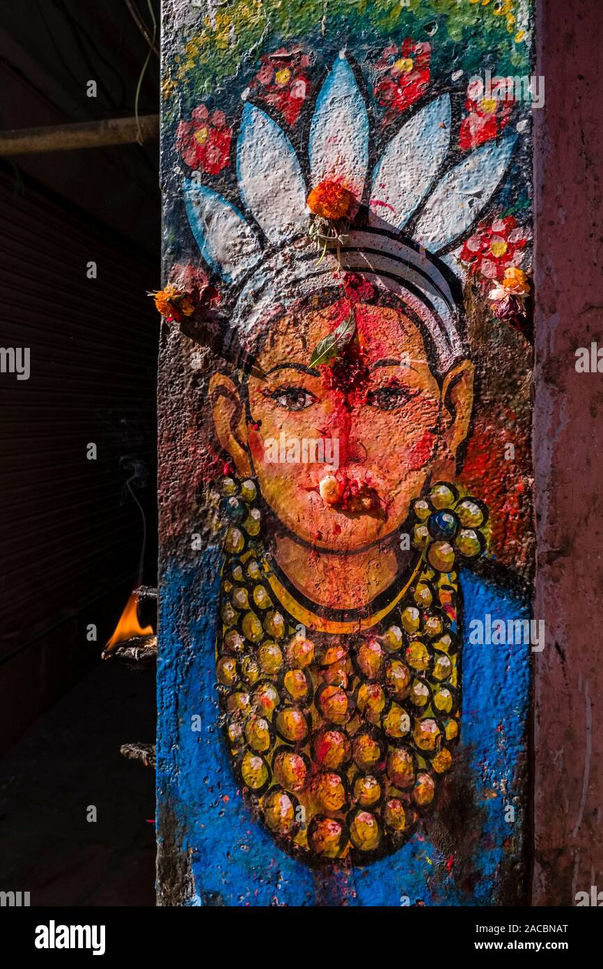 Painting of a Goddess at a house wall at Darsain Festival, offered ...