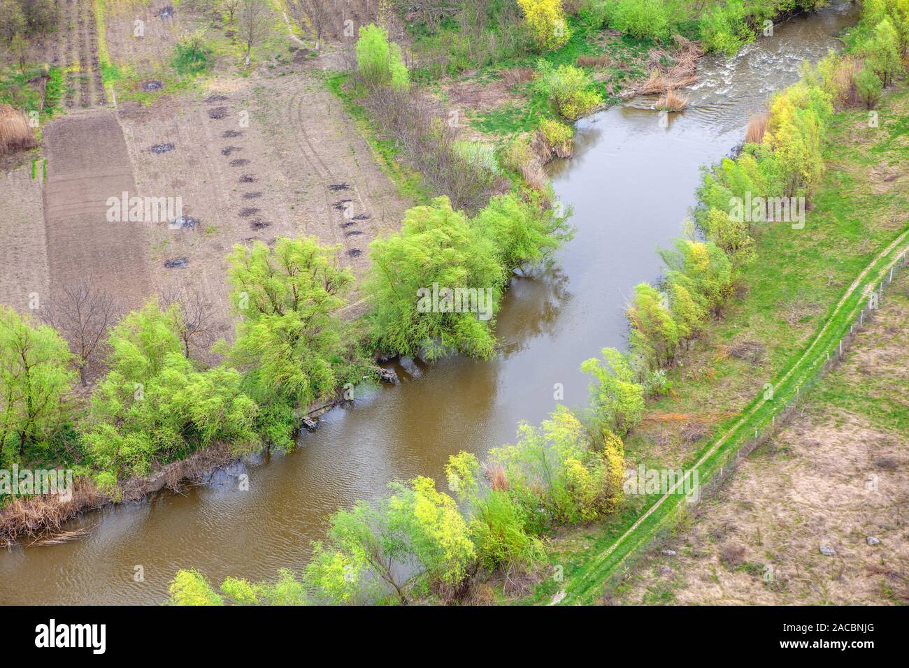 aerial view of spring scenery with river Stock Photo - Alamy