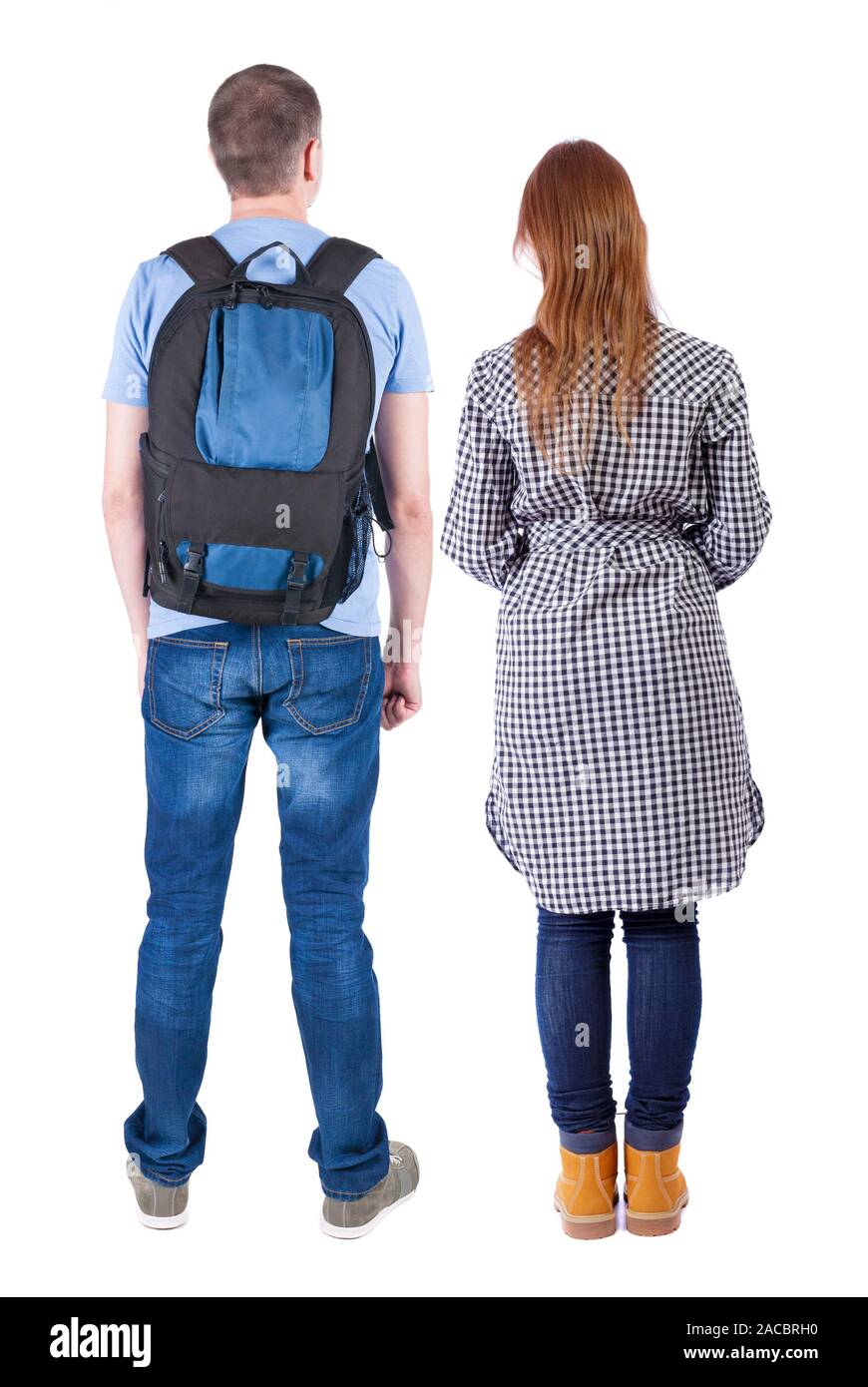 Back view of couple. beautiful friendly girl and guy together. Rear ...