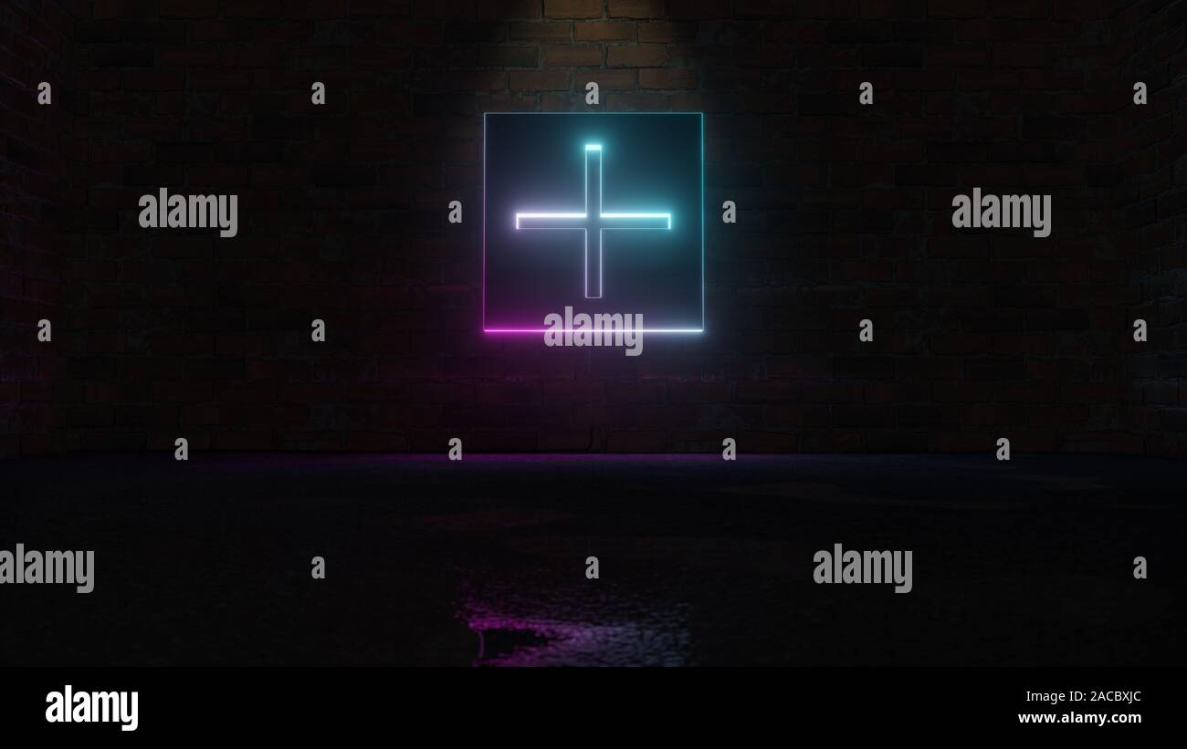 3D rendering of blue violet neon inverted plus symbol in square on dark ...