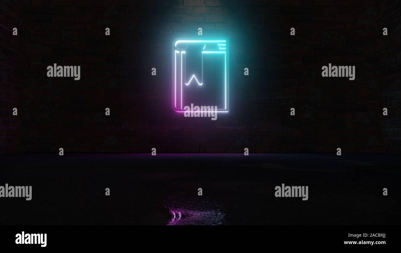 3D rendering of blue violet neon symbol of agenda on dark brick wall ...