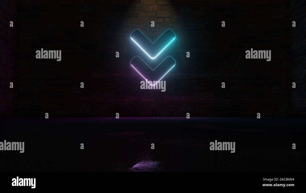 3D rendering of blue violet neon thick symbol of angle double arrow ...