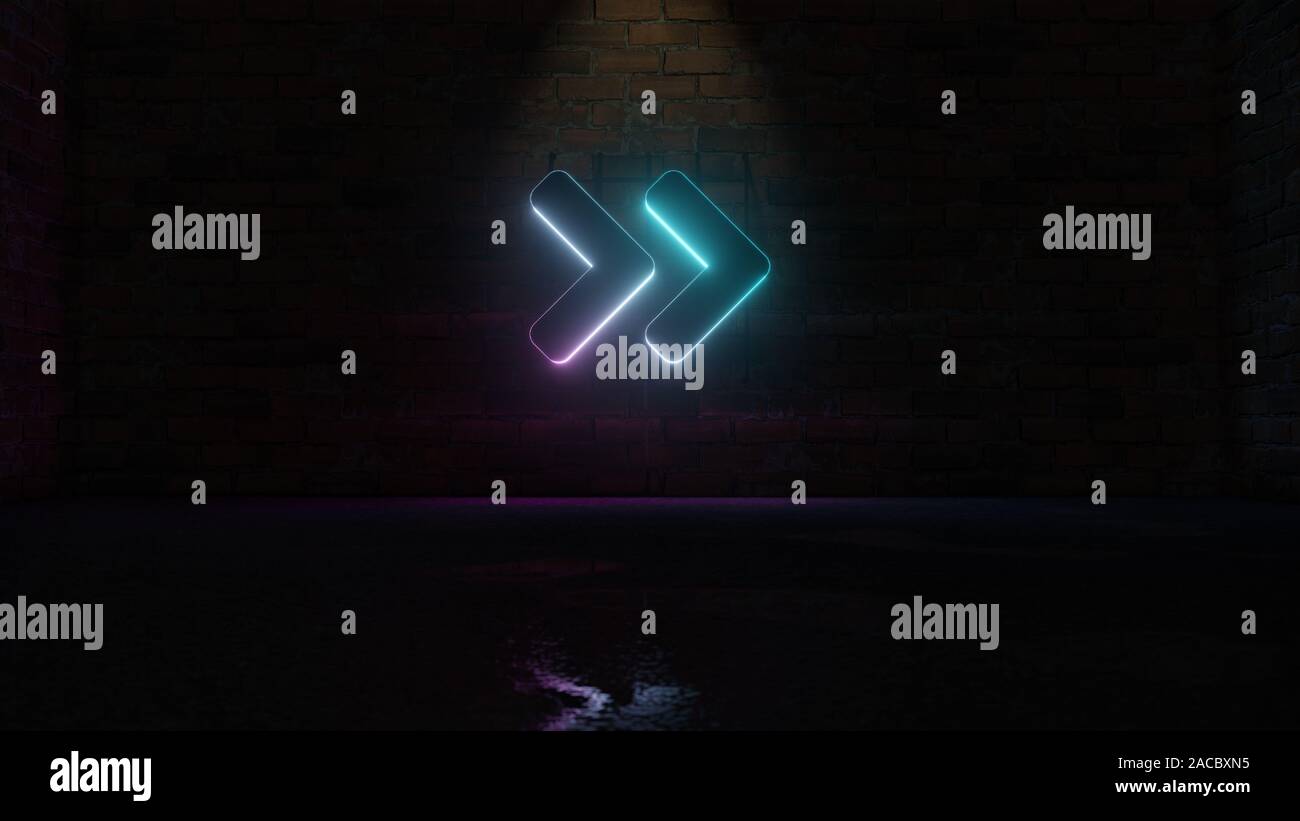 3d Rendering Of Blue Violet Neon Thick Symbol Of Angle Double Arrow Right With Rounded Corner On
