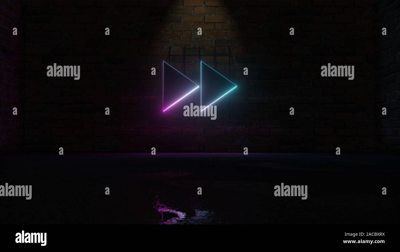 3D rendering of blue violet neon symbol of double fast forward right ...