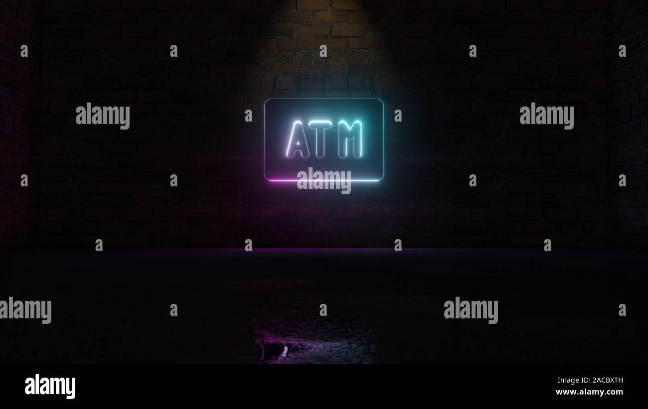 3D rendering of blue violet neon symbol of atm sign on dark brick wall ...