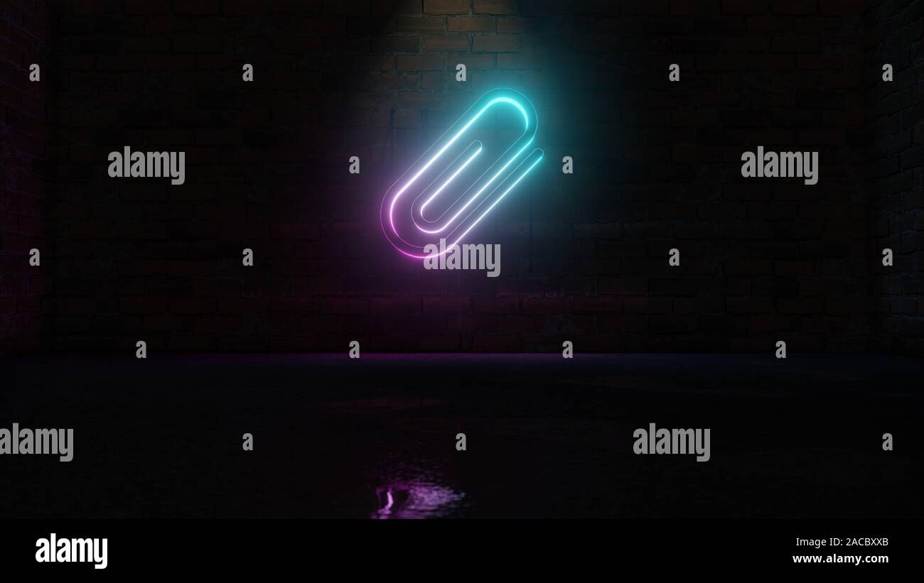 3d Rendering Of Blue Violet Neon Symbol Of Paper Clip As Attachment On Dark Brick Wall