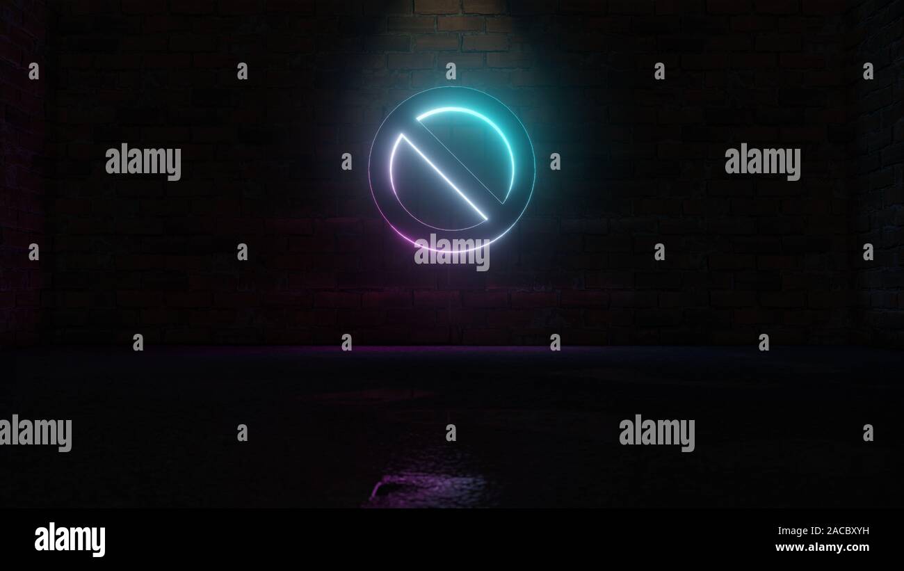 3D rendering of blue violet neon symbol of circle ban sign on dark ...