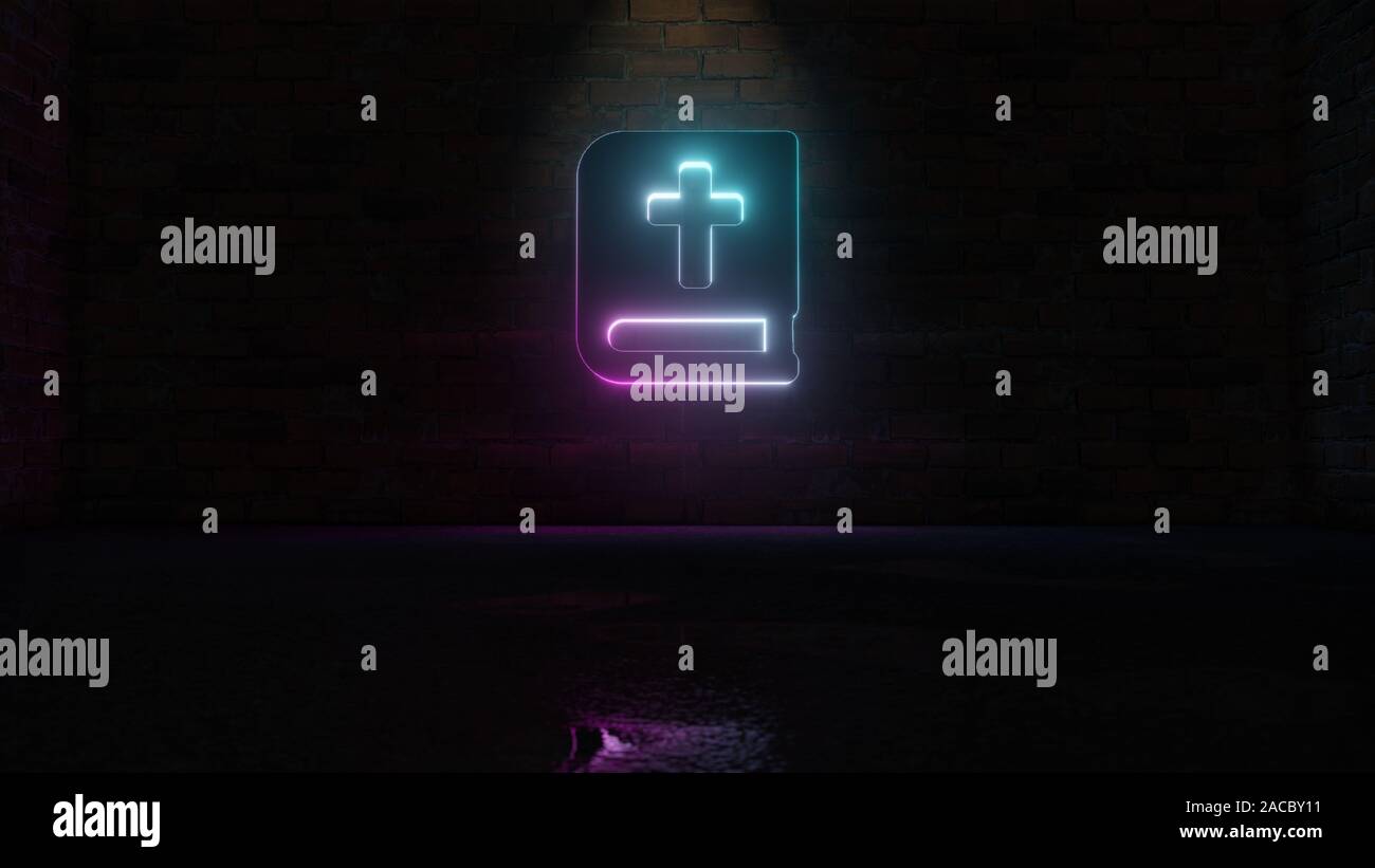3D rendering of blue violet neon symbol of bible on dark brick wall ...