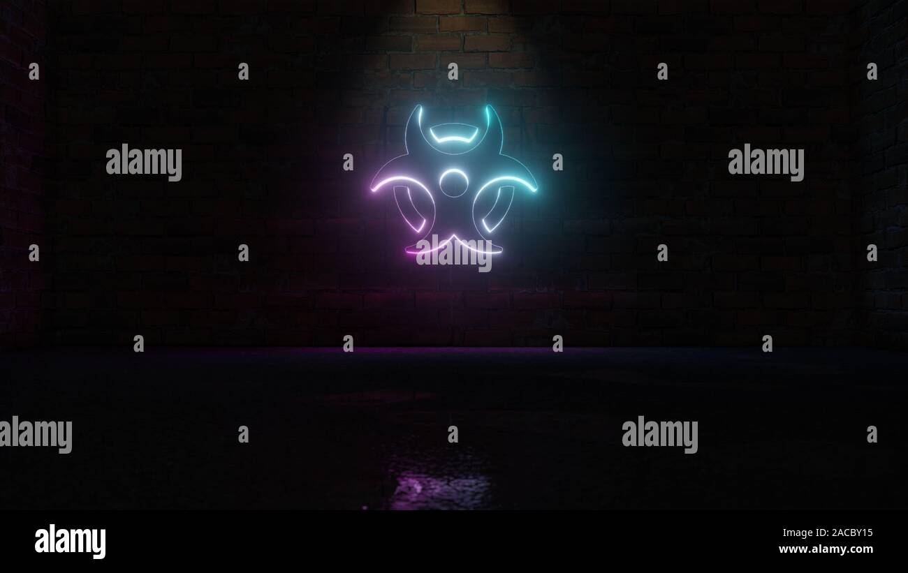 3D rendering of blue violet neon symbol of biohazard sign on dark brick ...