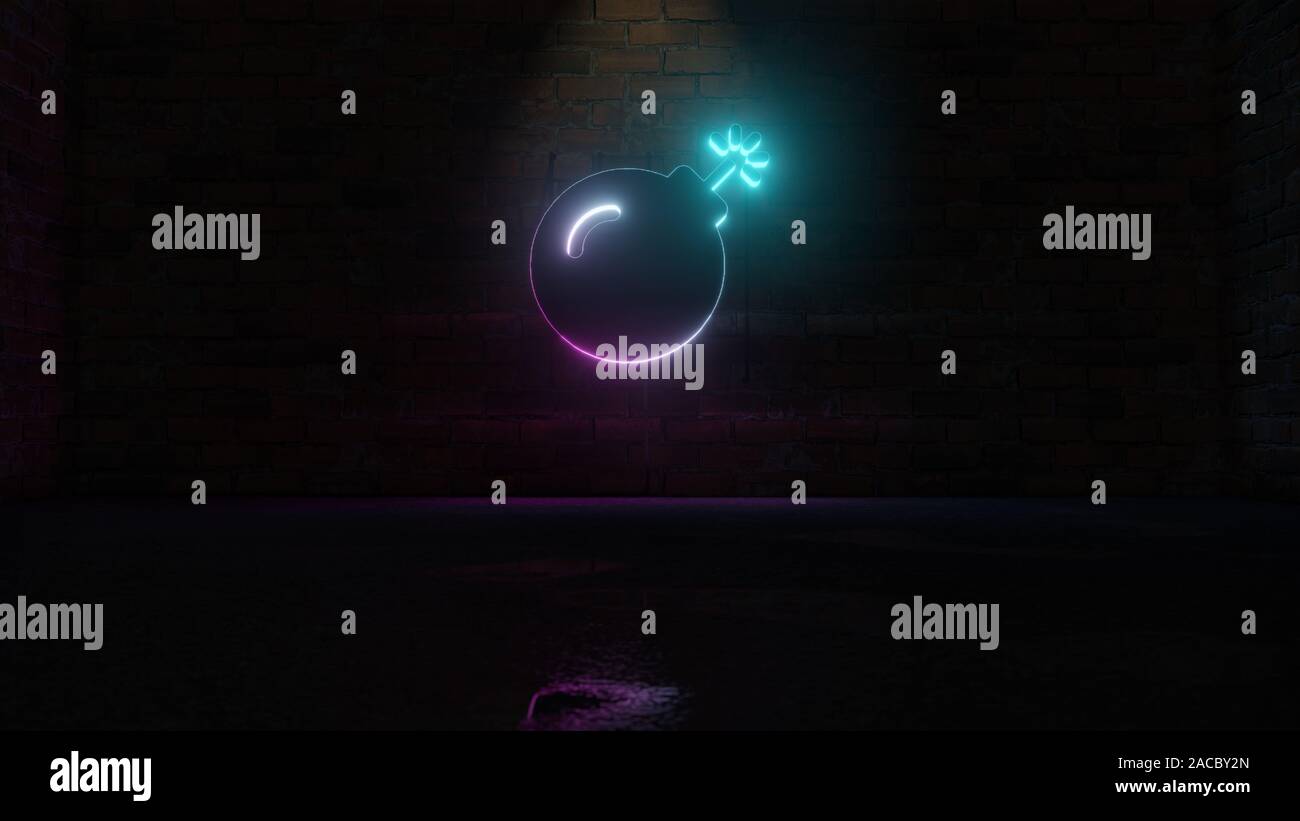 3d Rendering Of Blue Violet Neon Symbol Of Bomb With Spark On Dark Brick Wall Background With