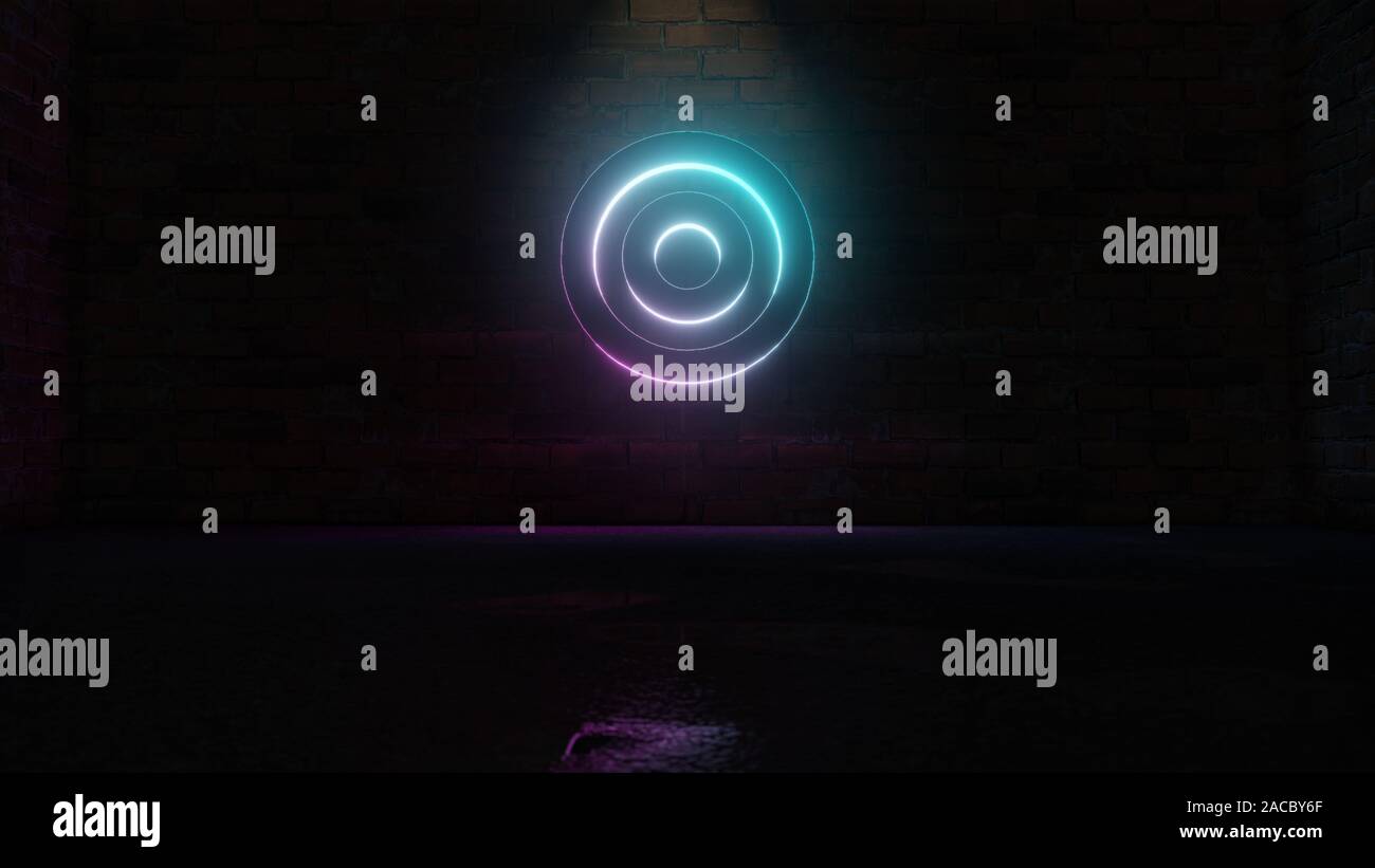 3D rendering of blue violet neon symbol of bullseye on dark brick wall ...