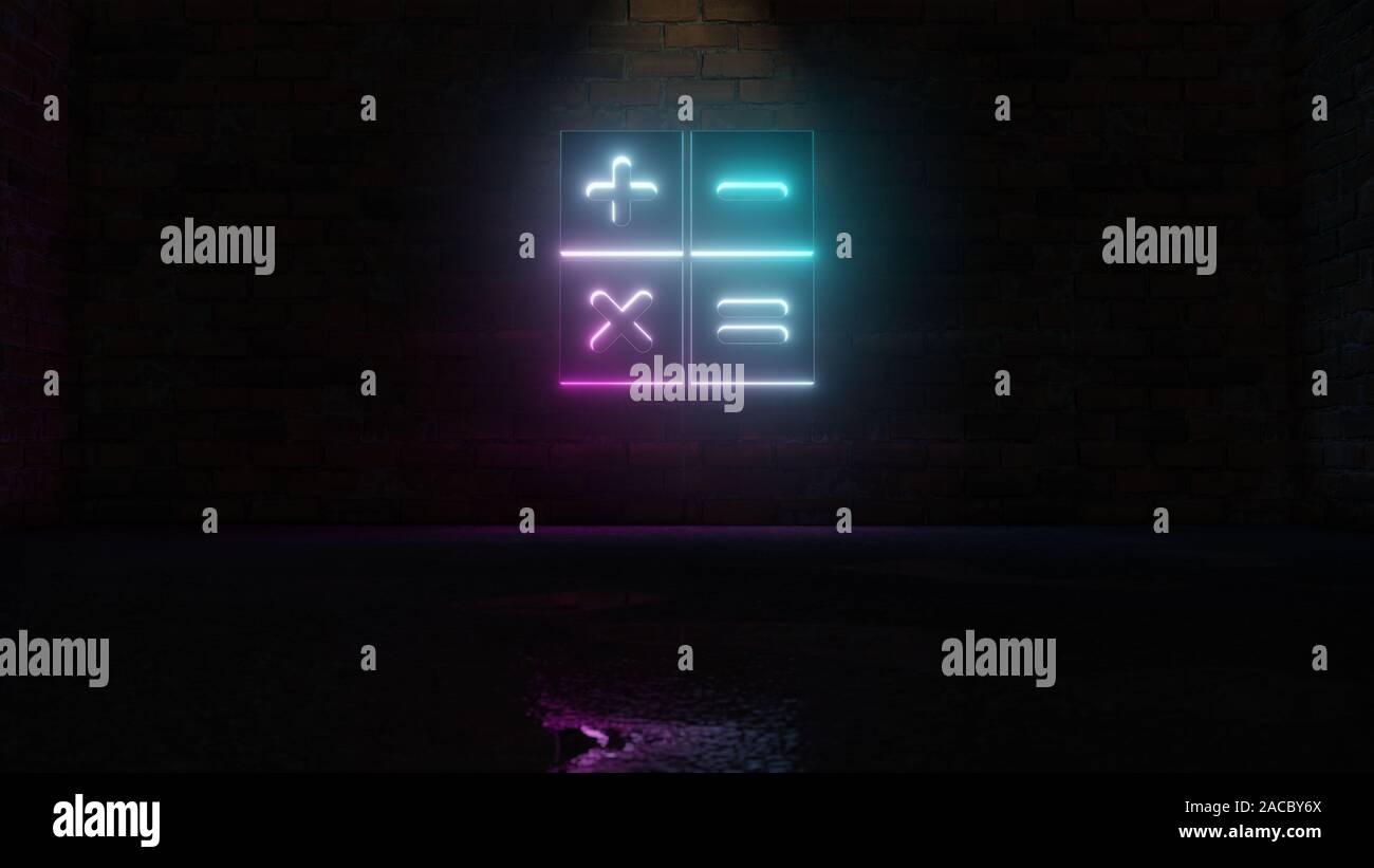 3D rendering of blue violet neon symbol of basic number operations of ...