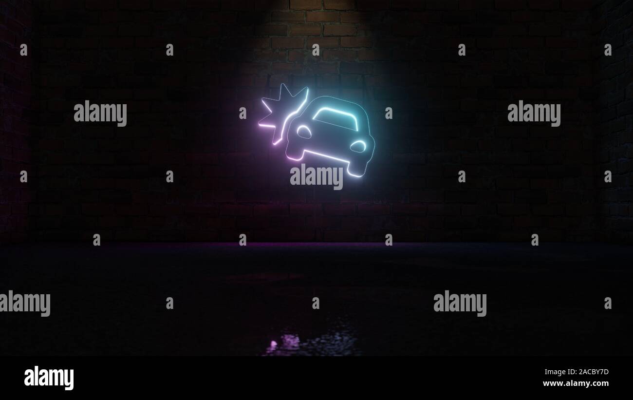 3D rendering of blue violet neon symbol of car crash on dark brick wall ...