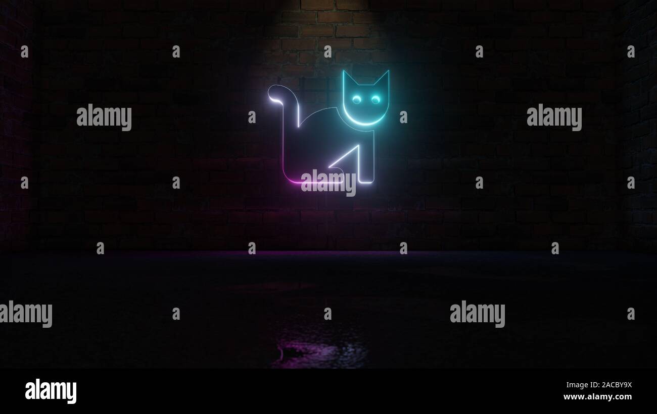 3D rendering of blue violet neon symbol of cat on dark brick wall ...