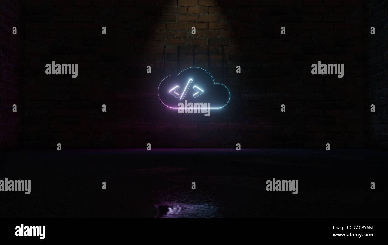 3D rendering of blue violet neon symbol of cloud computing with tag on ...