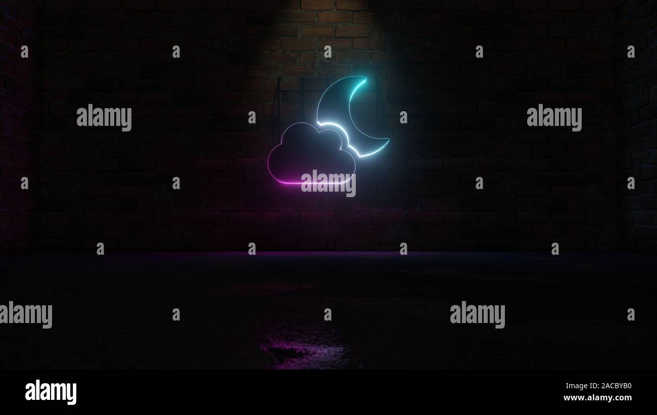 3D rendering of blue violet neon symbol of cloud partly covers moon on ...