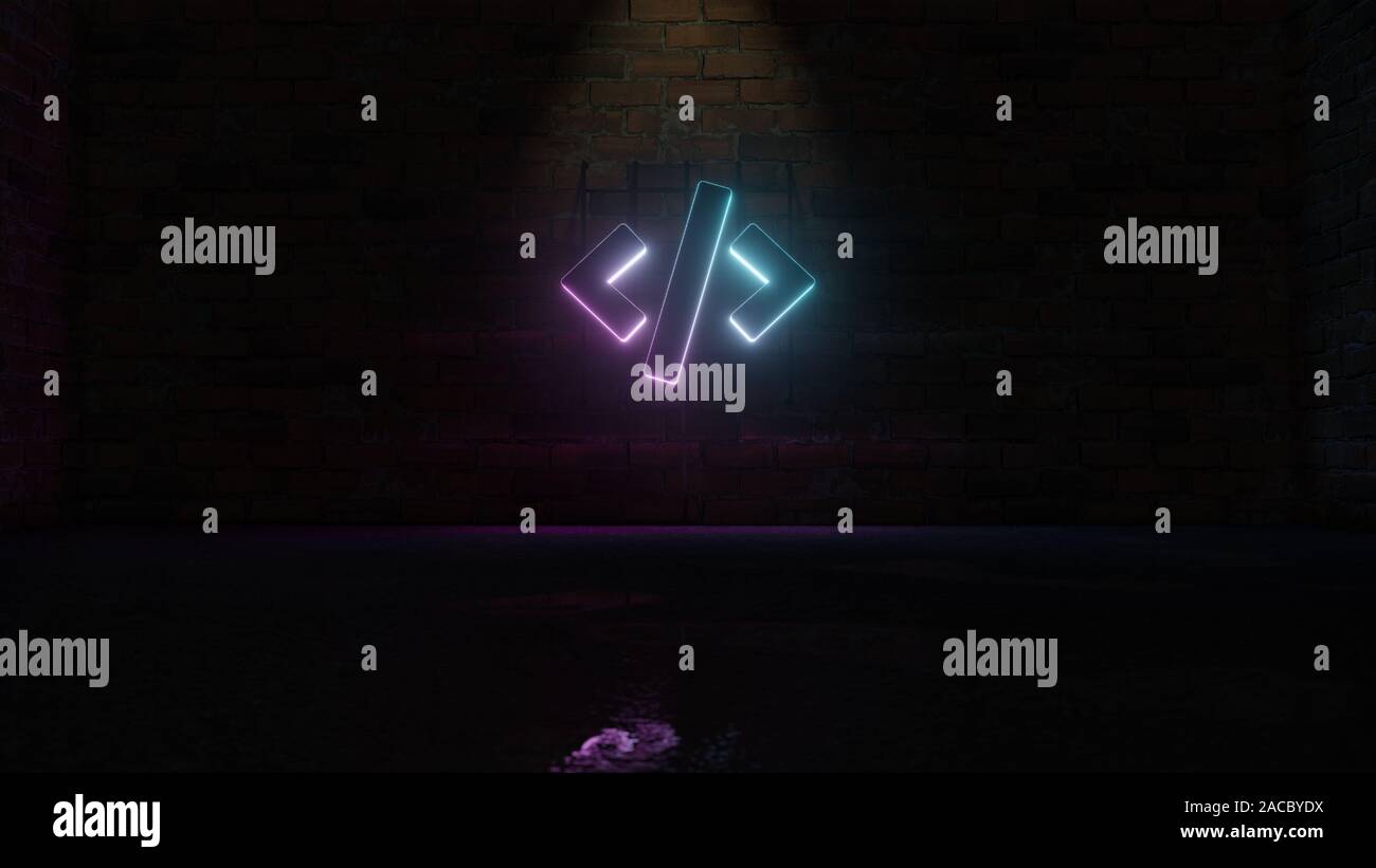 3D rendering of blue violet neon symbol of code tag on dark brick wall ...