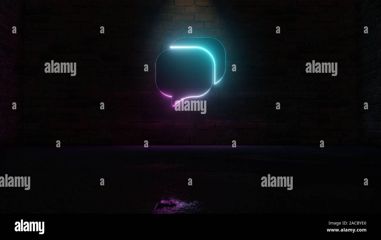 3d Rendering Of Blue Violet Neon Symbol Of Communication Chat 16 On Dark Brick Wall Background