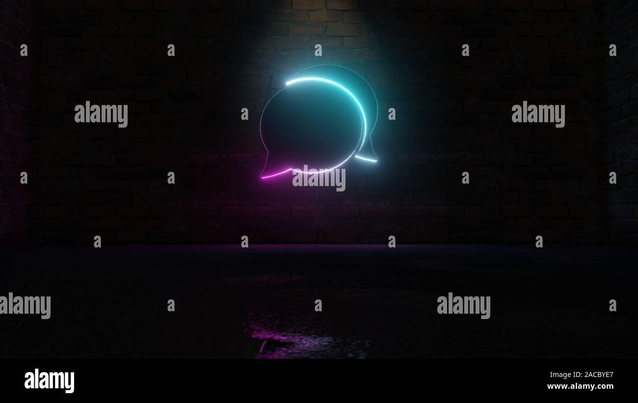 3d Rendering Of Blue Violet Neon Symbol Of Communication Chat 14 On Dark Brick Wall Background