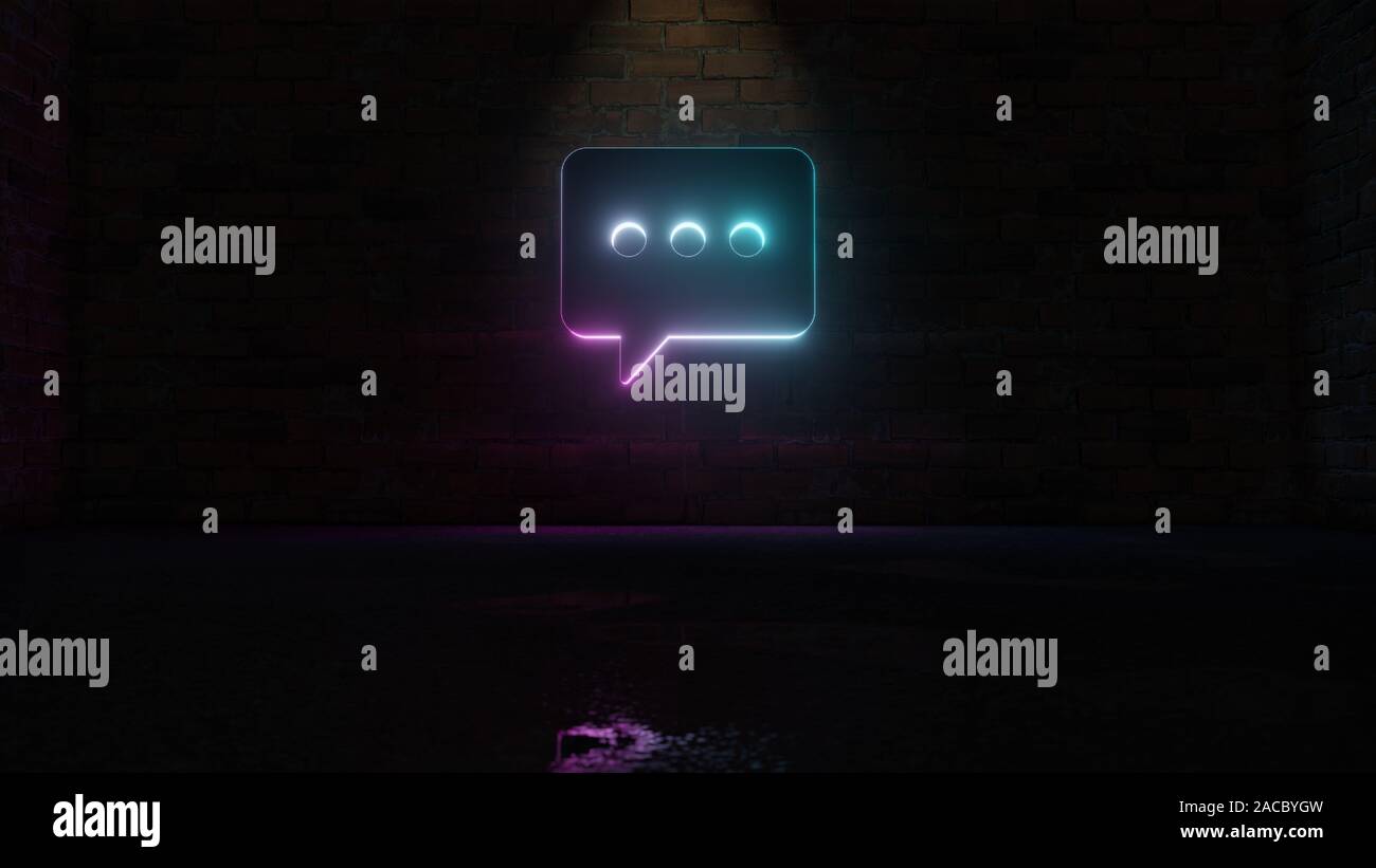 3d Rendering Of Blue Violet Neon Symbol Of Rectangular Rounded Chat Bubble With Three Dots On