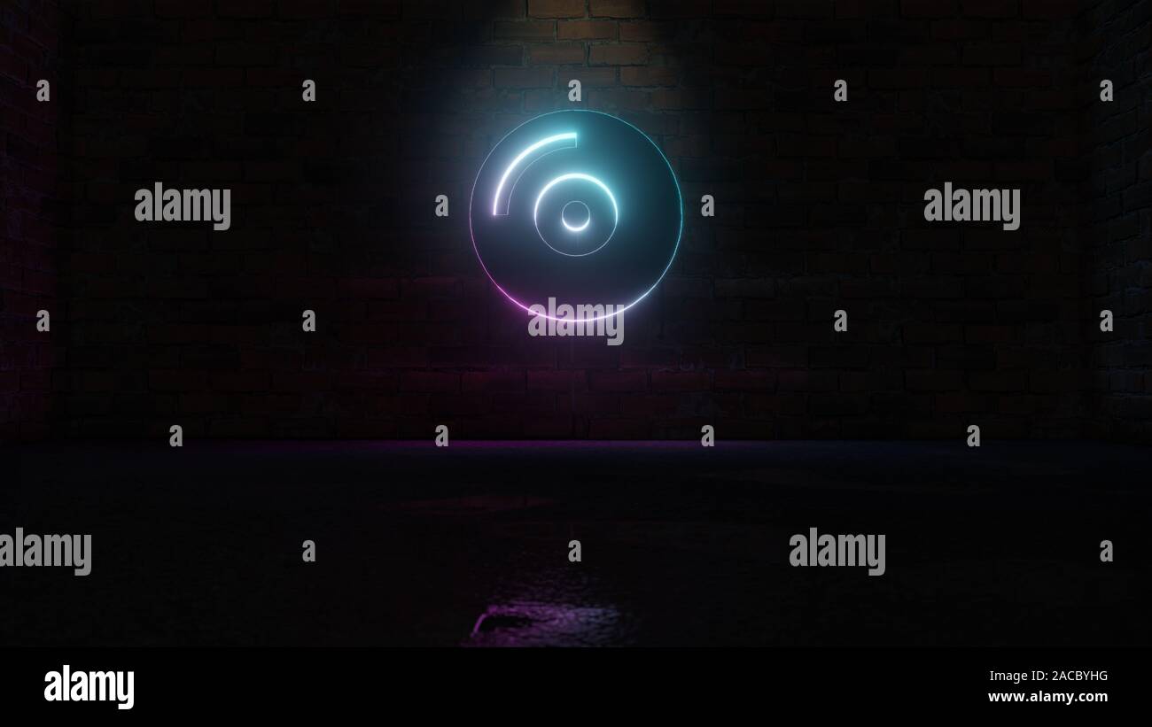 3D rendering of blue violet neon symbol of circle CD disc on dark brick ...