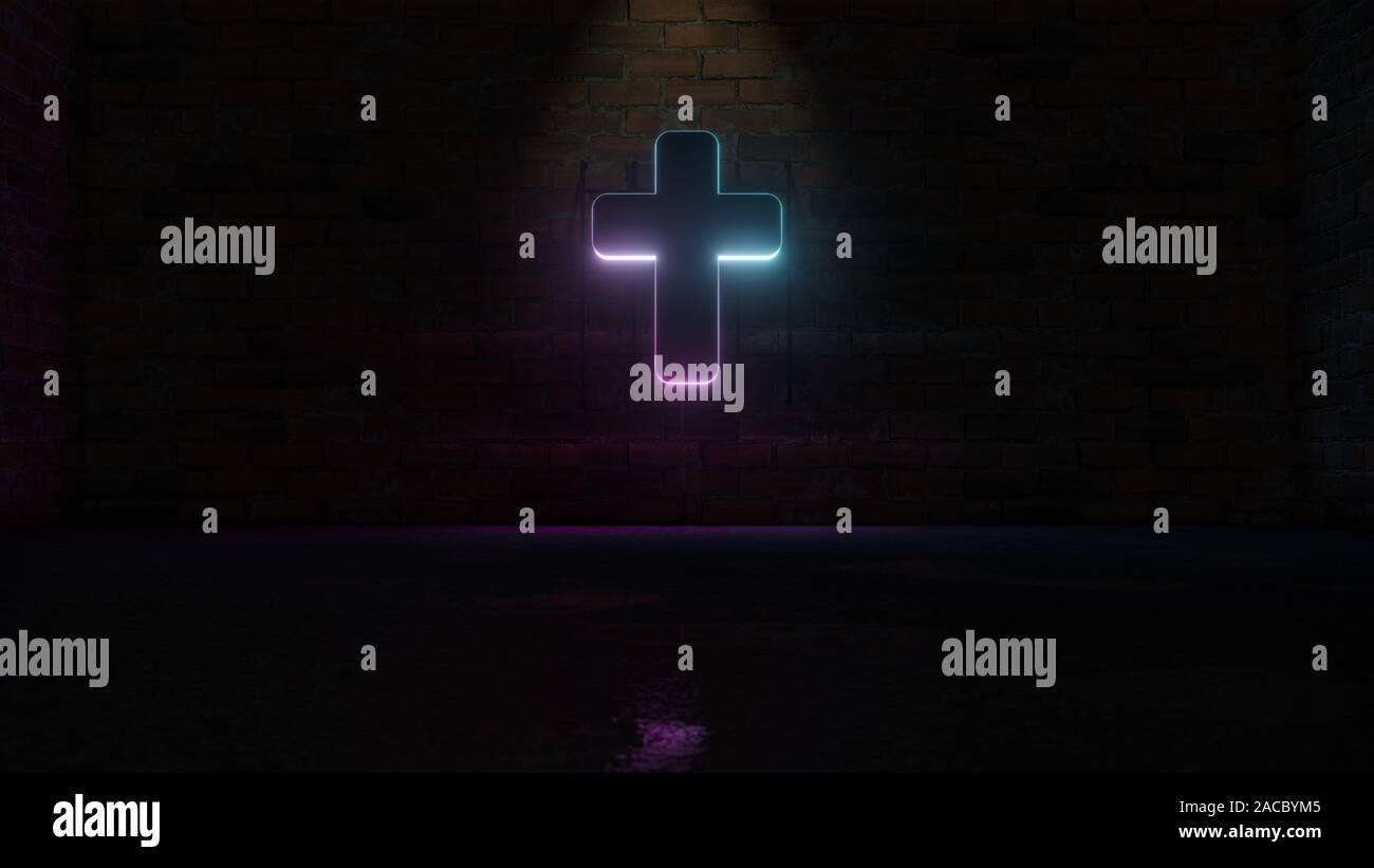 3D rendering of blue violet neon symbol of catholic cross on dark brick ...